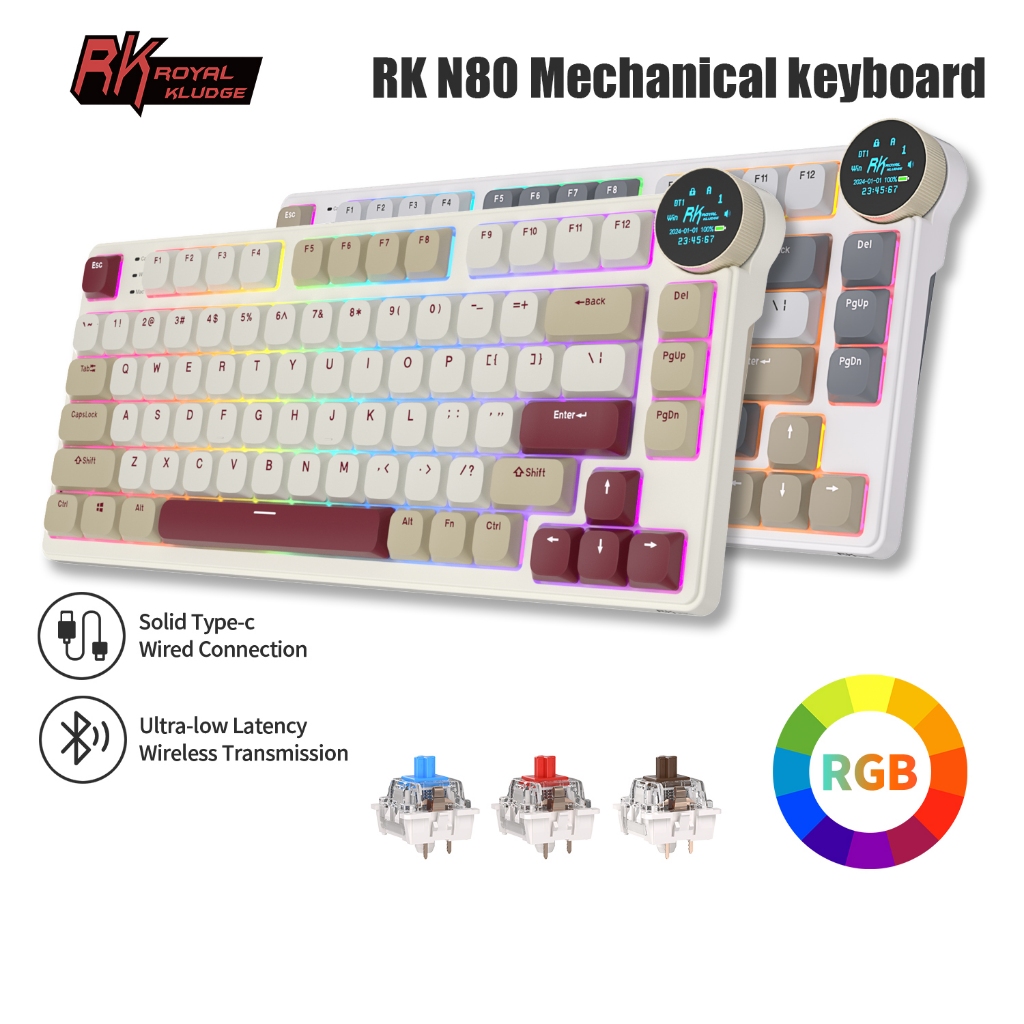 Royal Kludge RK N80 80% Size Pearly Dawn Low Profile Tri-Mode RGB Wired Bluetooth 2.4G Wireless ...
