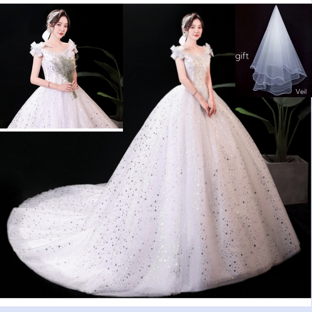 French court style trailing wedding dress, White Bride wedding gown for ...