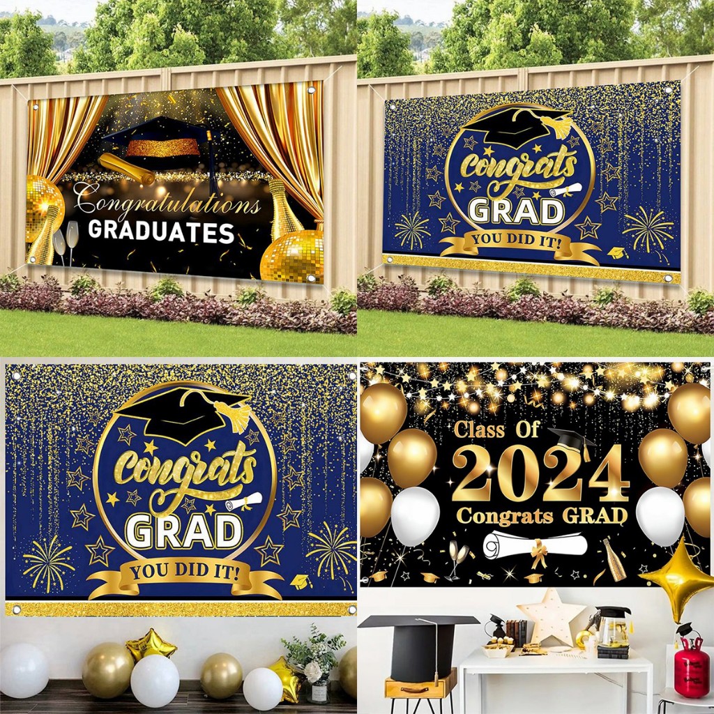 100*150cm Blue Gold Graduation Backdrop Congratulations Banner Black ...