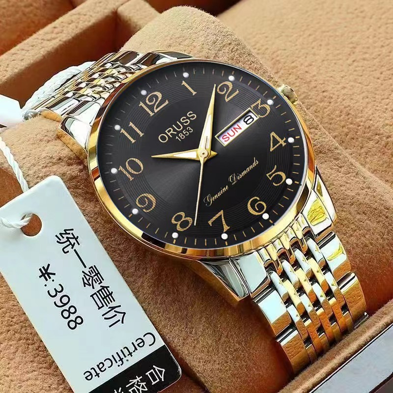 [Gift][With Box]ORUSS Original Dual Calendar Gold Luxury Waterproof ...