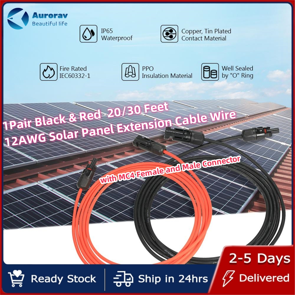 1Pair Black & Red , 20/30 Feet 10AWG Solar Panel Extension Cable Wire ...