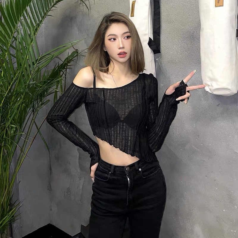 Micro Sheer Mesh Outer Cover Up Strapless Sexy Long Sleeve Top | Shopee ...