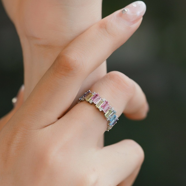 925 Sterling Silver Rainbow Multicolor Gemstone Ring for Woman Cubic ...
