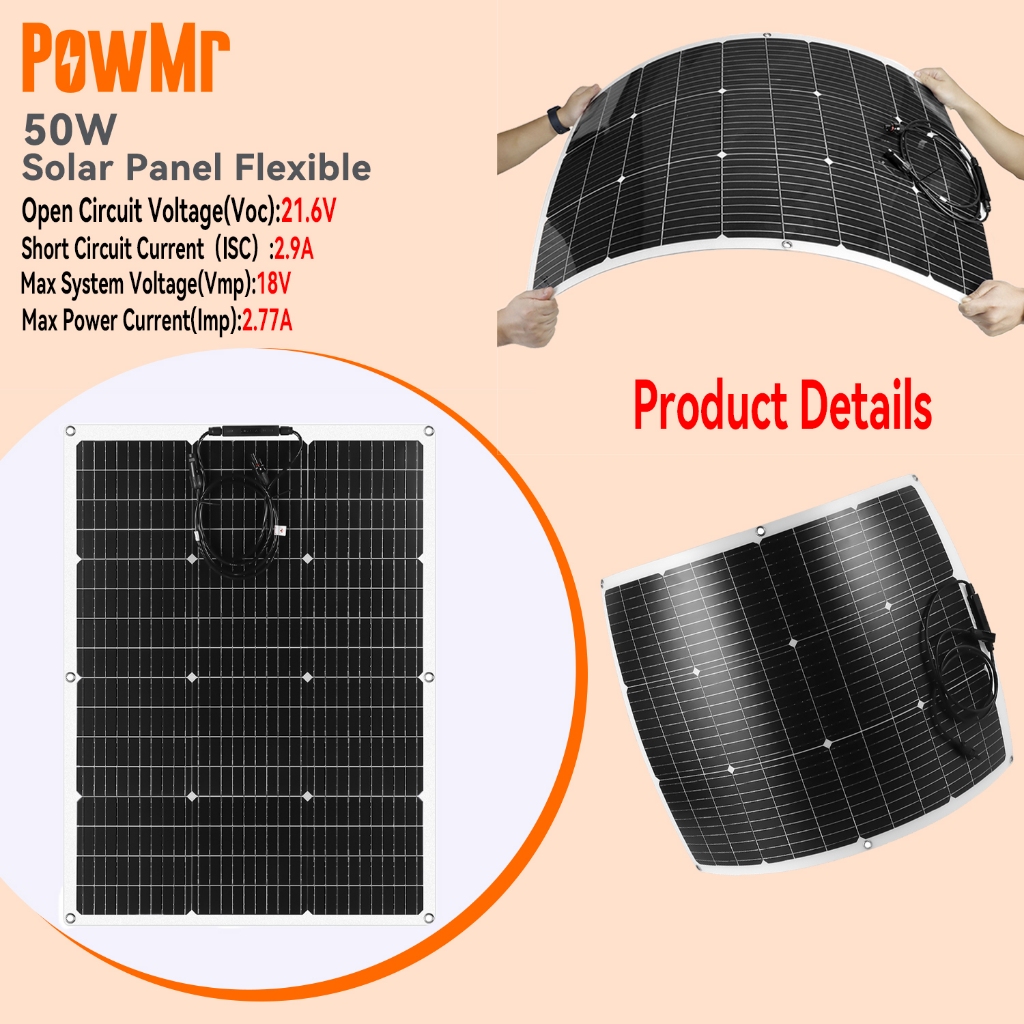 【Official Store】PowMr 50W Flexible Solar Panel 21.6Voc Waterproof High ...
