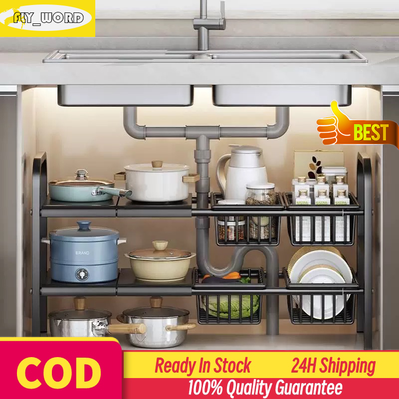 Kitchen Storage Rack Telescopic Adjustable Height Under Sink Shelf ...