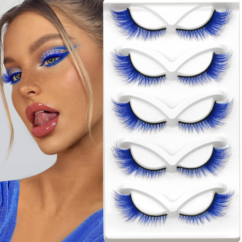 GROINNEYA 5 Pairs Colored False Eyelashes Cat Eye Eyelashes Blue Faux ...