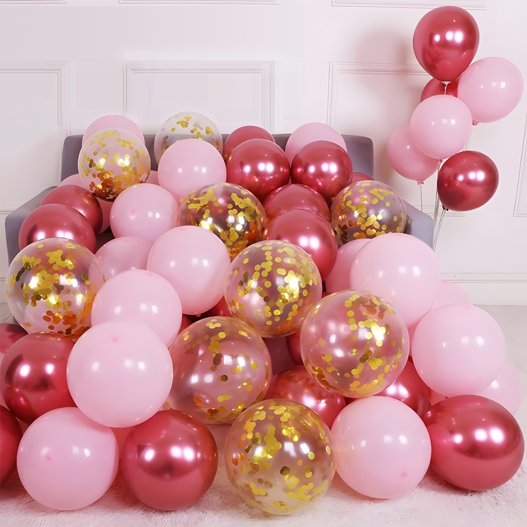 36pcs Red Pink Balloon Metallic Balloons Confetti Sequins Happy ...