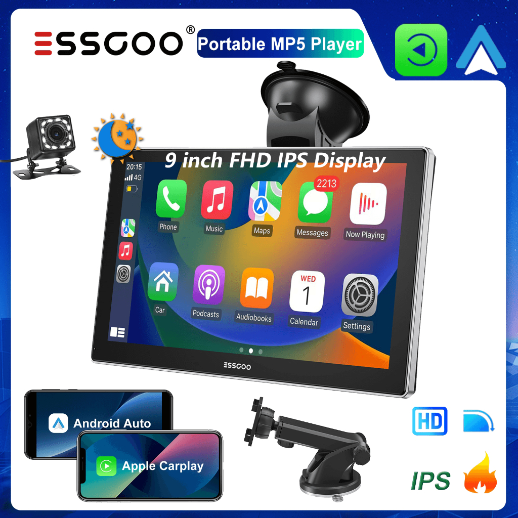 ESSGOO 9" Portable Wireless Carplay Radio Car Multimedia Player FHD IPS Monitor Touch Screen ...