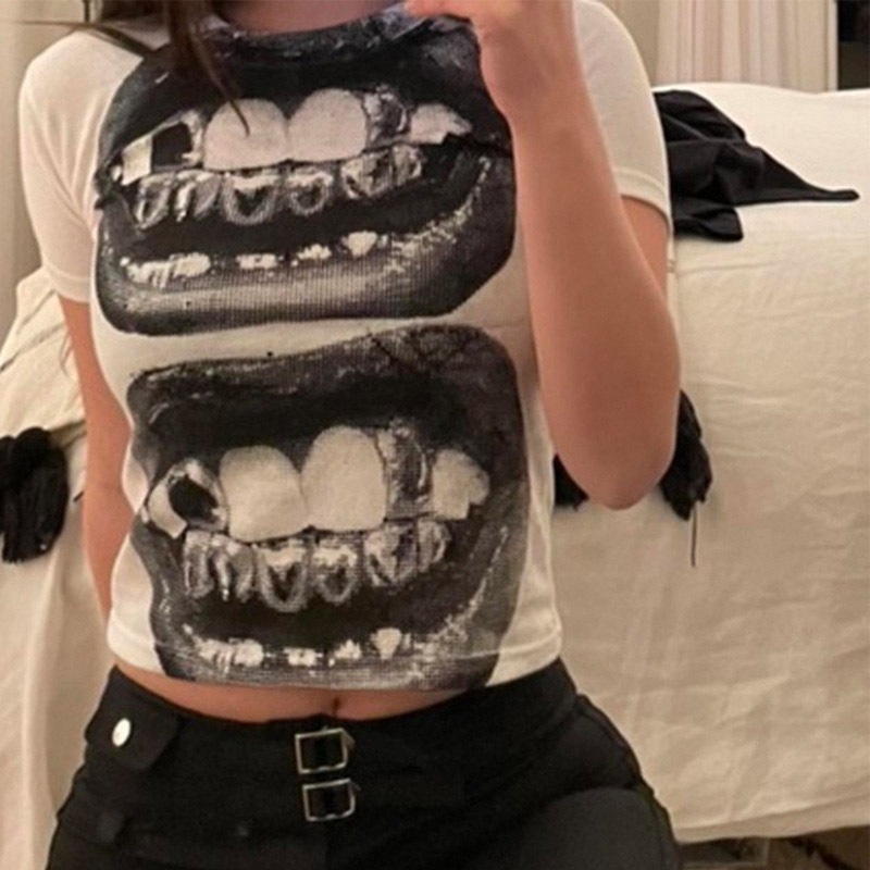 Punk Y2K Crew Neck Short Sleeve Top Gothic Street T-Shirt Women's ...