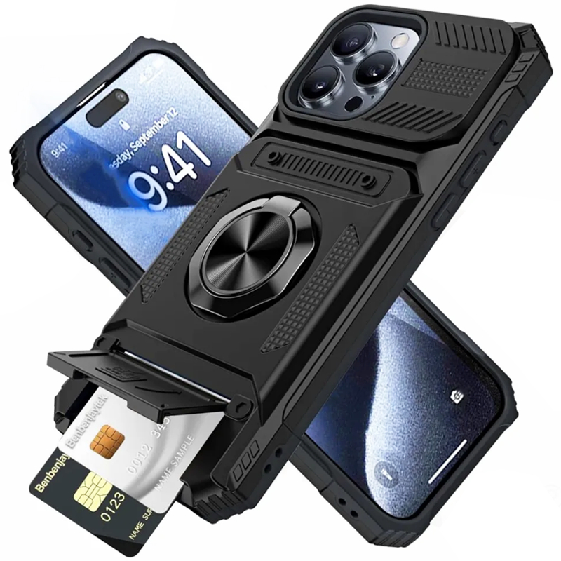 Shockproof Heavy Hard Case with Metal Stand and Card Slots for 15 Pro ...