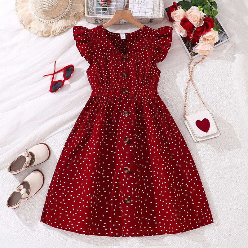 SIYYIS Girls Dress Maroon Polka Dotted Frill-Trim V-neck Trendy Classic ...