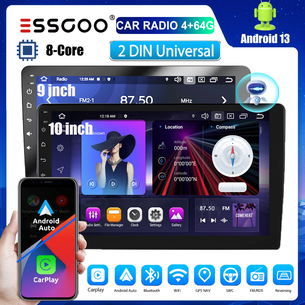 ESSGOO 4+64GB 8 Core Carplay Android Auto DSP AHD SIM Universal 9 Inch 10 Inch IPS Screen 2 Din ...