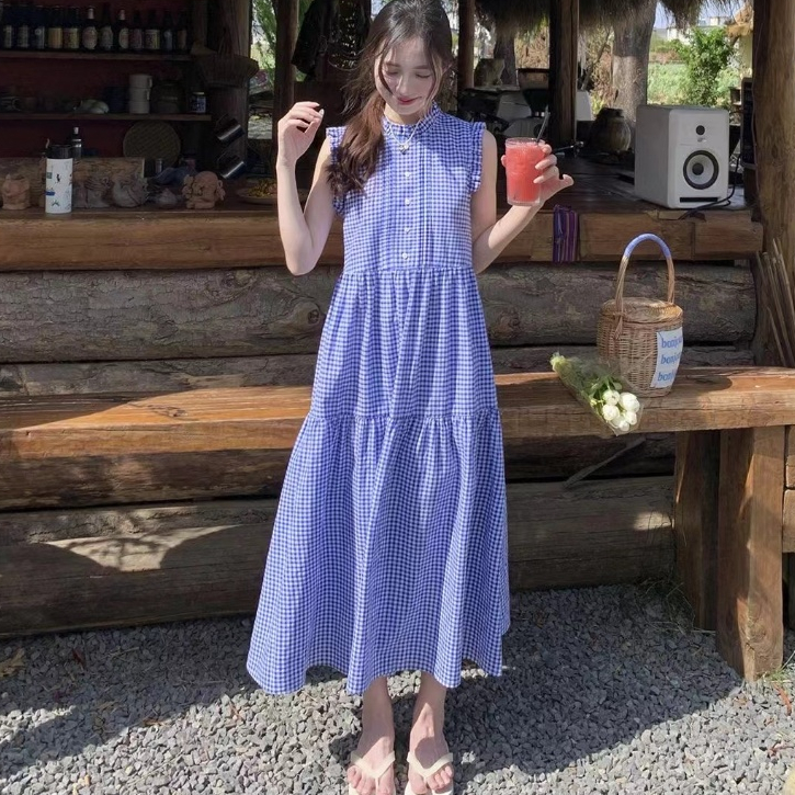 Korean Style Women Vintage Plaid Round Neck Oversized Sleeveless Maxi 