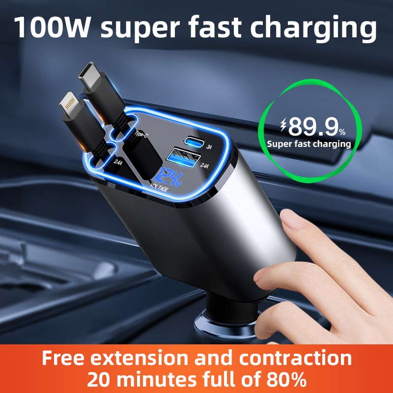 100W 4 in 1 Retractable Car Charger Mobile Phone Super Fast charge USB Type C Cable Plug Car ...