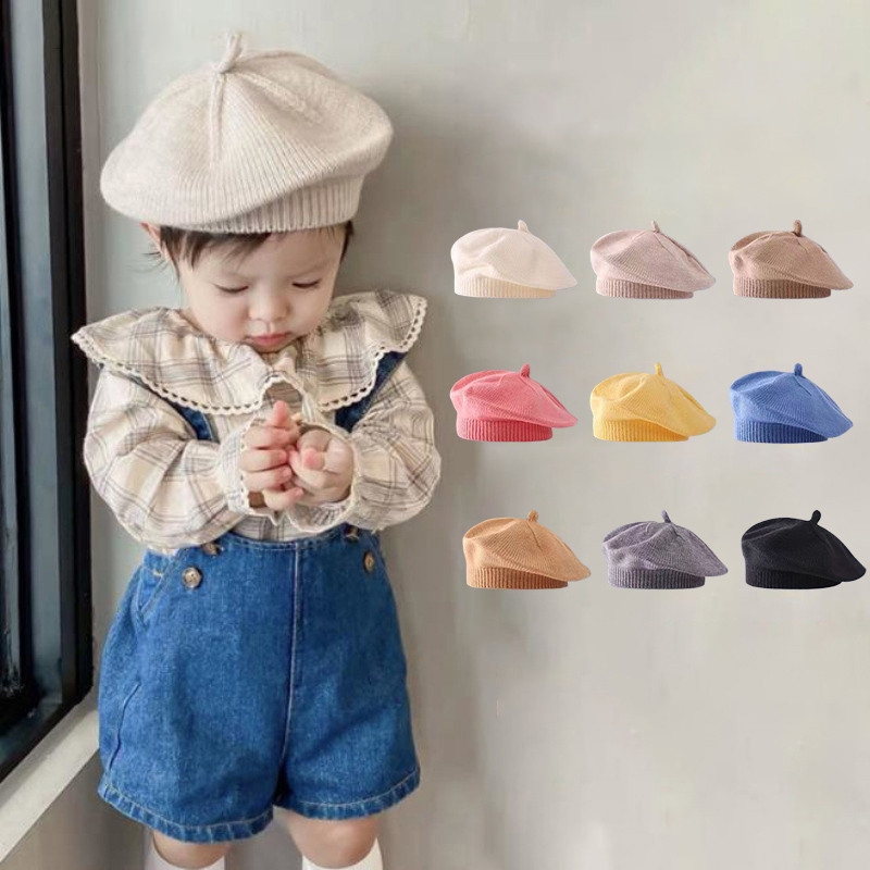 Fashion Cute Baby Knitted Beret Hat Solid Color Children's Warm Hats ...