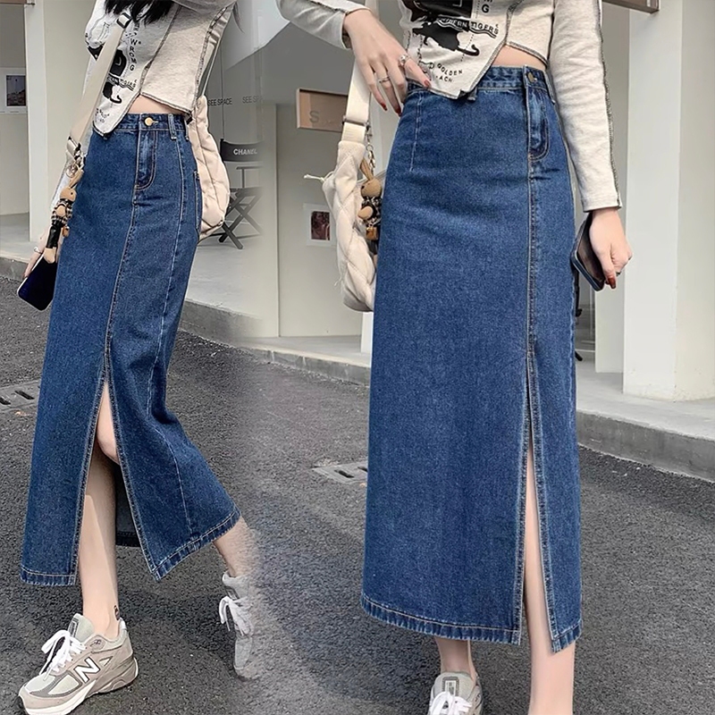 Dark Blue High slit long denim skirt for women High Waist jeans ...