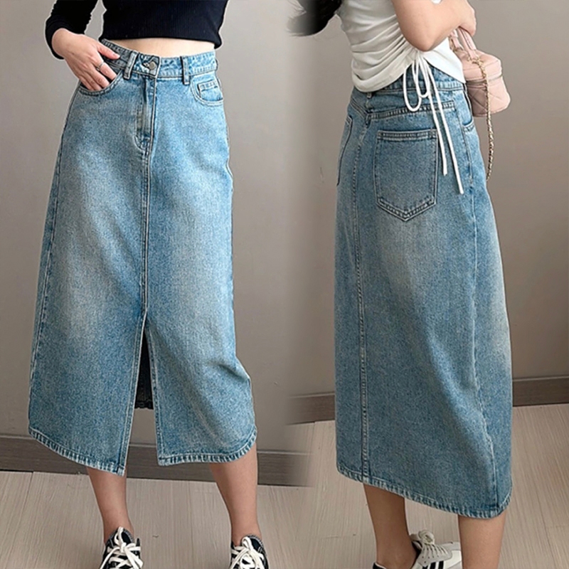 Dark Blue High slit long denim skirt for women High Waist jeans ...