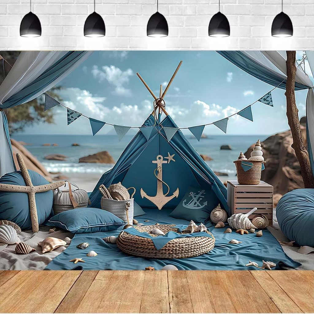 Blue Tent Beach Conch Decor Photography Backdrop 5x3ft Sailing Boy Baby ...