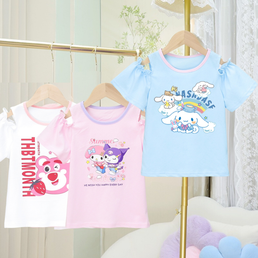 New Cute Cartoon Design T-shirt Pure Cotton Korean Style Off Shoulder ...