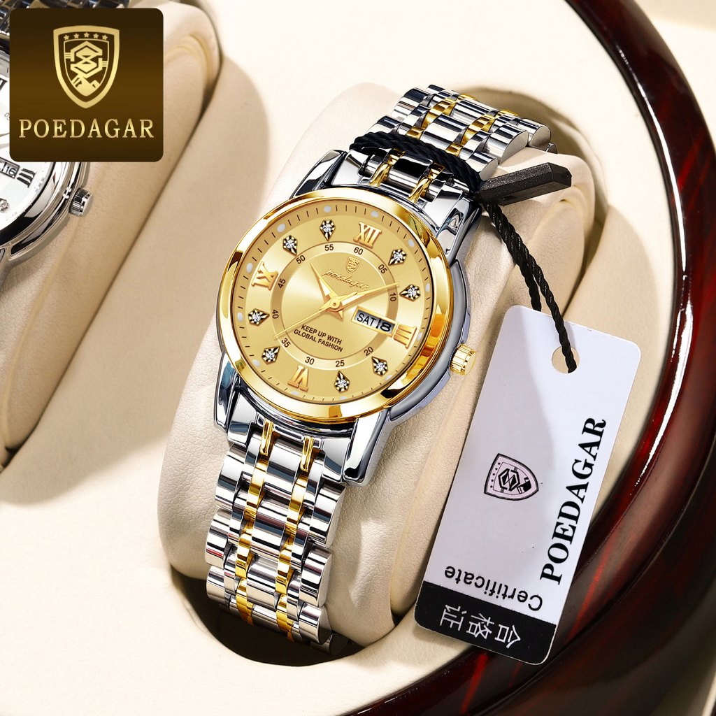 POEDAGAR Gold Watch For Woman Waterproof Original Stainless Ladies ...