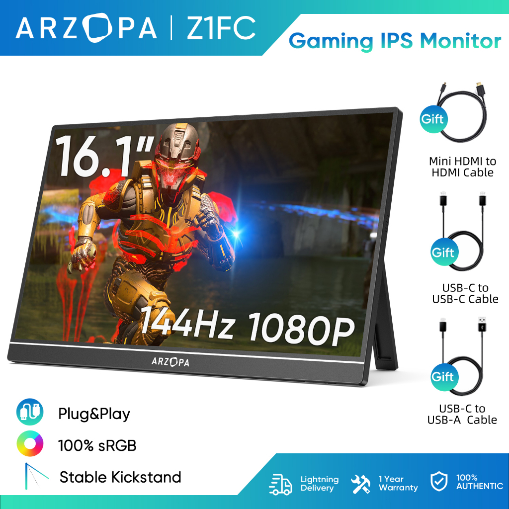 ARZOPA 16.1'' 144Hz Portable Gaming Monitor, 100% sRGB, 1080P FHD with ...