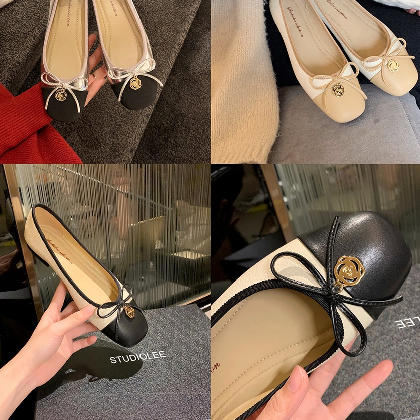 Classic Style Square Head Thick Heel Bowknot Shallow Mouth Gold Coin ...