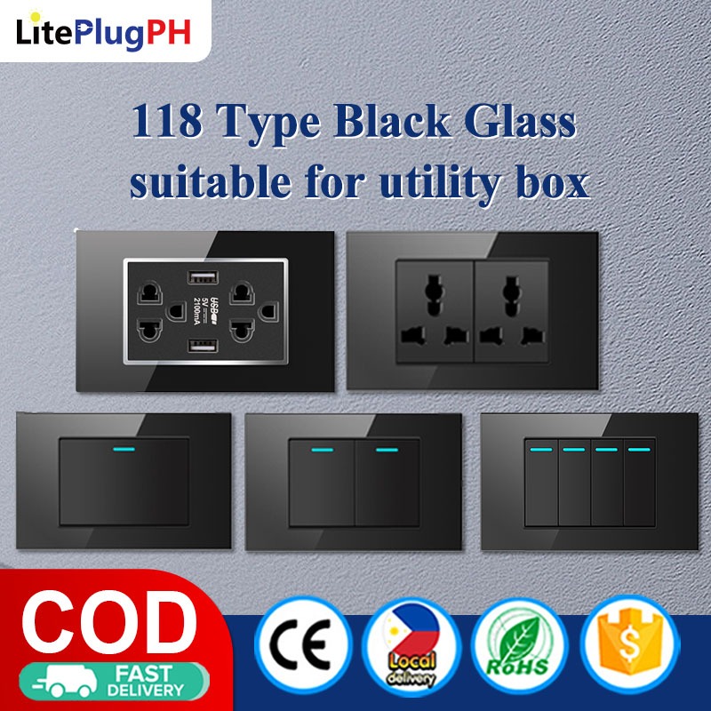 LP Wall Switch Universal Wall Outlet Socket Black Glass Series 1Gang 2 ...