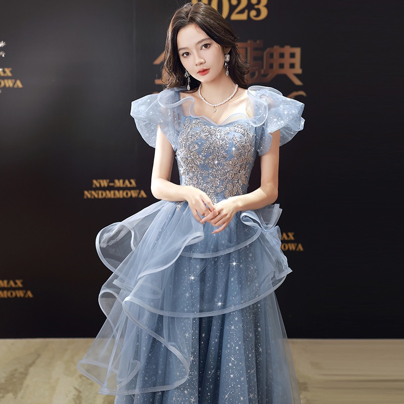 Blue Lace Evening Dress Gown New Annual Meeting Host Dress Banquet ...