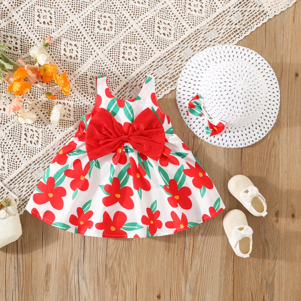 Summer New Red Bow Baby Girl Dress, Beach Party Gift Straw Hat Children ...