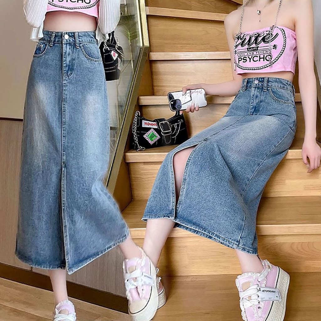 Plus size Cargo denim skirt long high waist slit skirt jeans for women ...