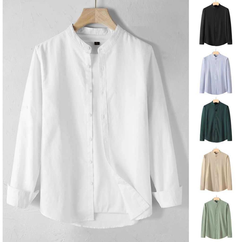 Popular Korean Polo Men's Long Sleeve Round Neck Casual Shirt White ...