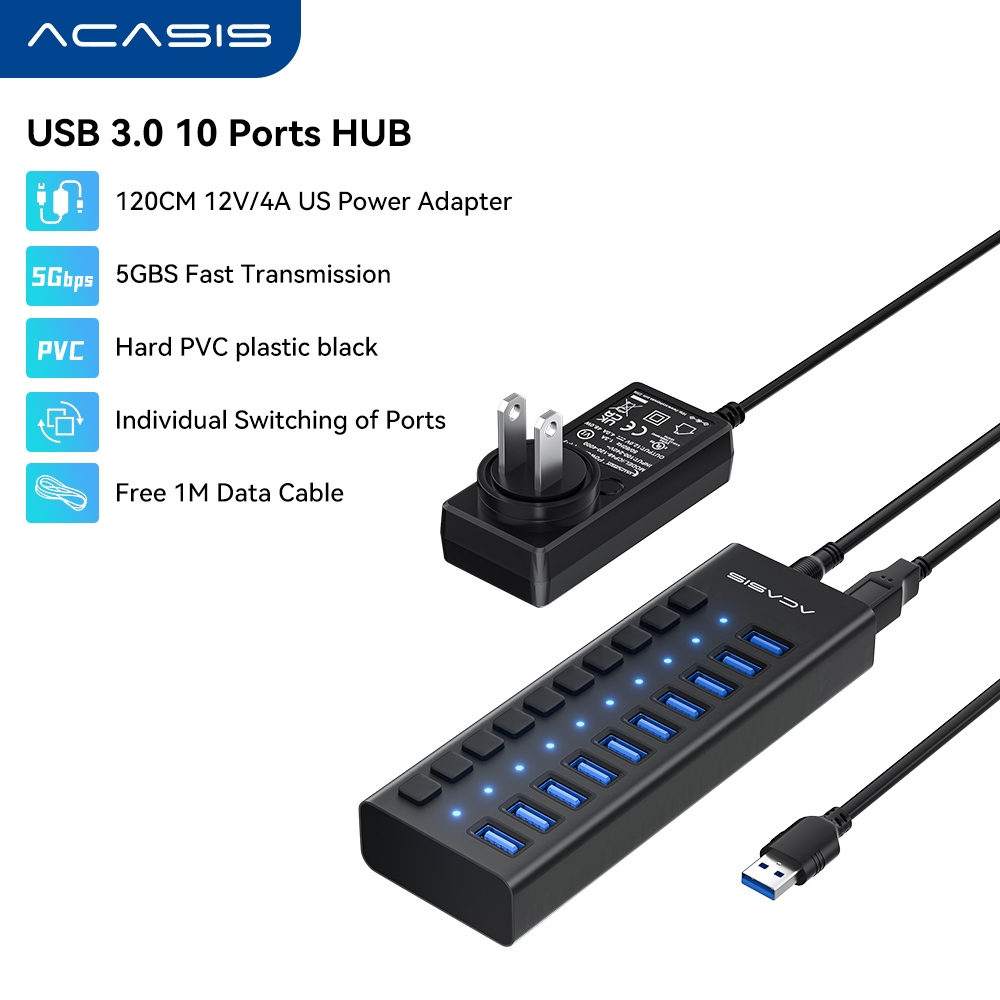 ACASIS 10/16 Port Powered USB Hub USB 3.0 Data Hub na may Independent ...