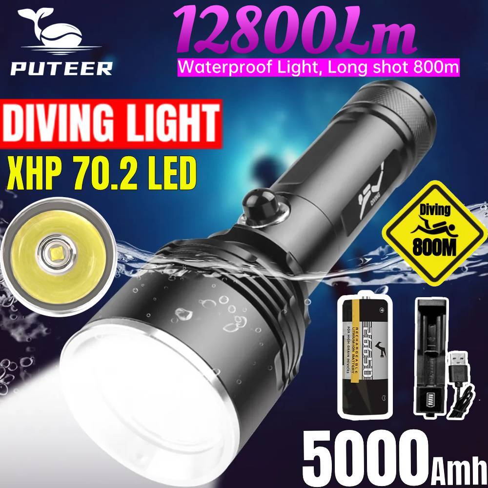 Puteer Diving Torchlight Diving Flashlight Super Bright Xhp70 Led Torch ...