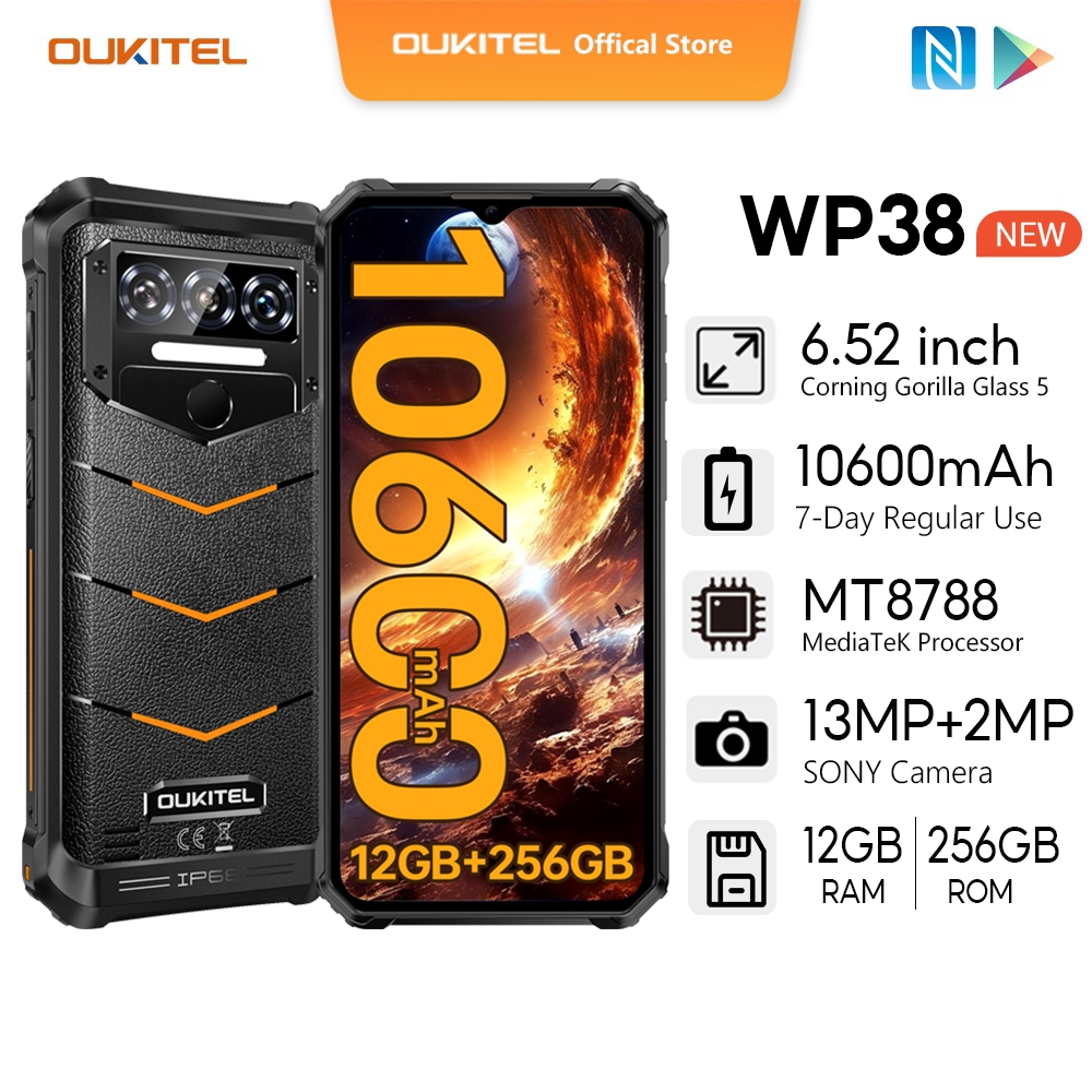OUKITEL WP38 12GB+256GB 10600mAh Mobiless MT8788 Cellphone 6.52” Corning Corilla Glass 13MP+2MP ...