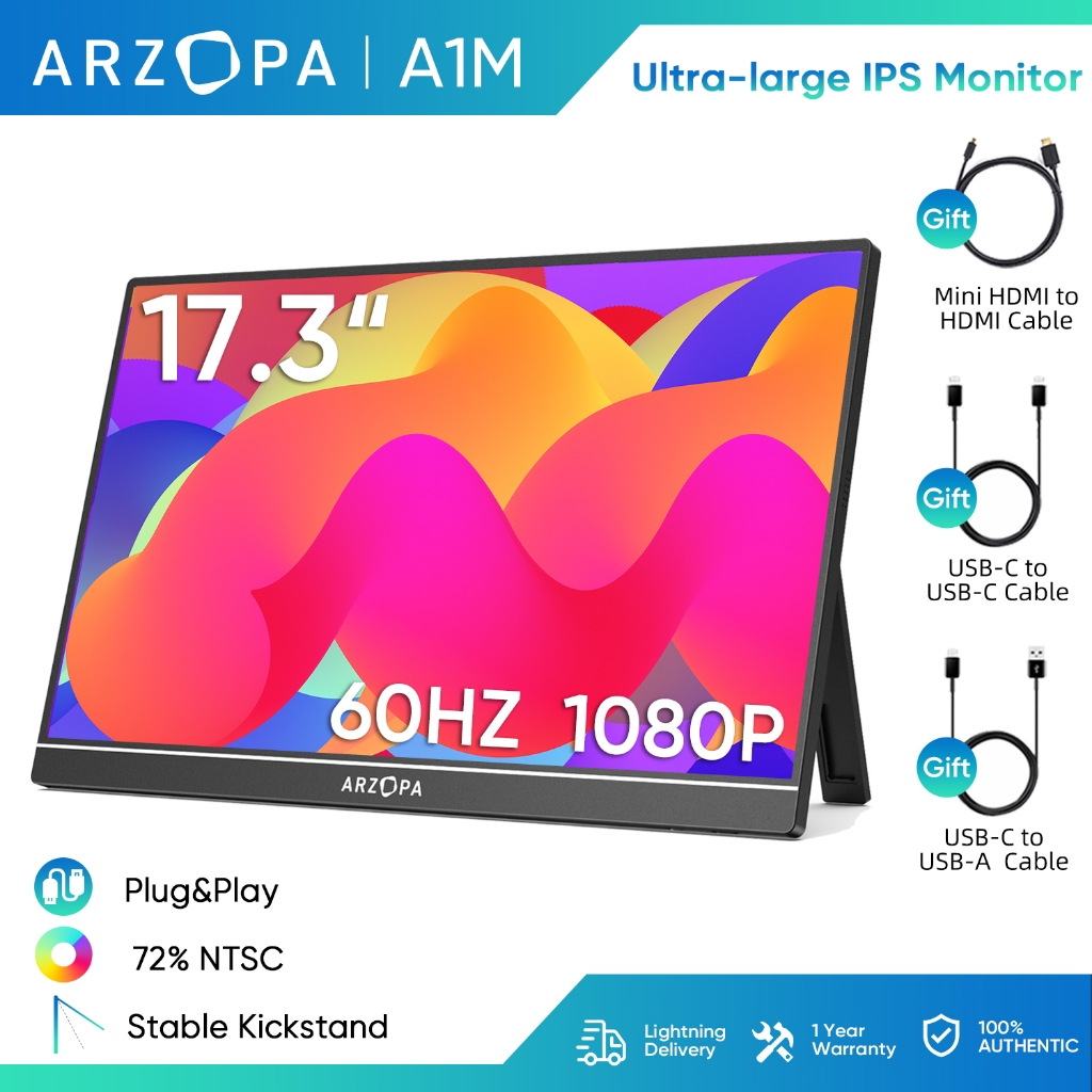 ARZOPA Portable Monitor, 17.3'' A1M 1080P FHD HDR IPS Laptop Computer ...