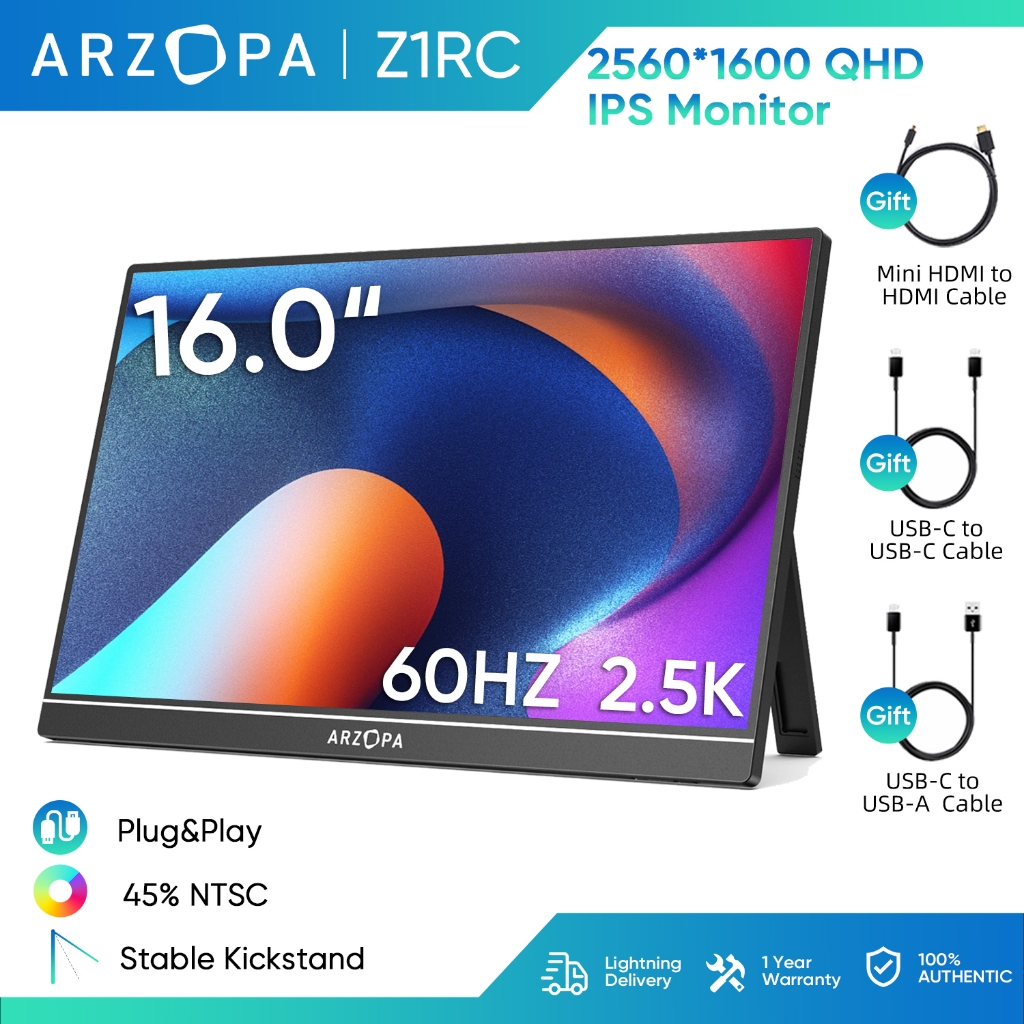 ARZOPA Z1RC, 16" 2.5K Portable Monitor, 2560x1600 HDR Kickstand ...