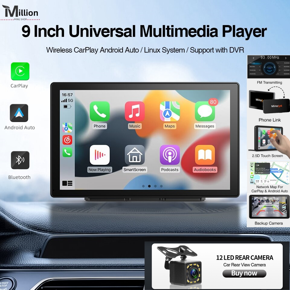 9" Wireless Touchscreen Car Multimedia Player Bluetooth-Enabled With ...