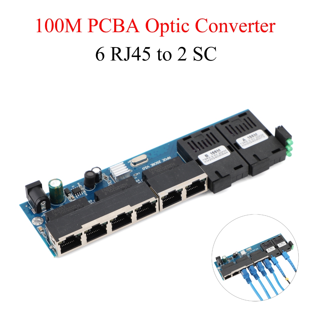 10M/100M Fiber Optic Media Converter PCBA Board 6 RJ45 to 2 SC A+B ...