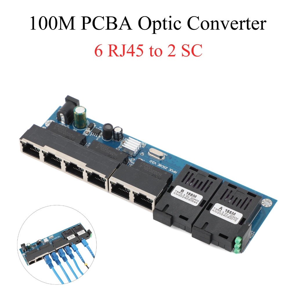 10M/100M Fiber Optic Media Converter PCBA Board 6 RJ45 to 2 SC A+B ...