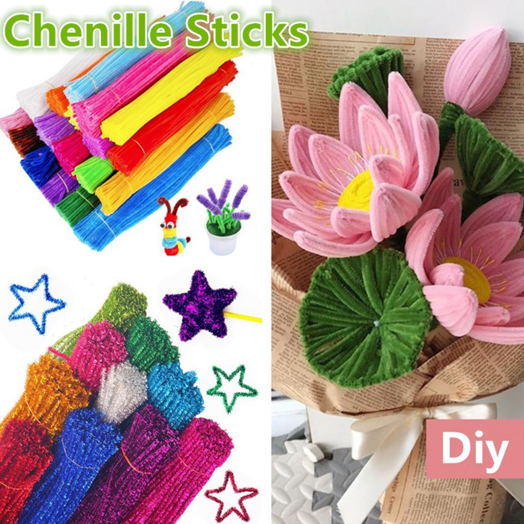 100pcs Colorful Dense Fuzzy Wire Pipe Cleaner Craft DIY Flower Chenille ...