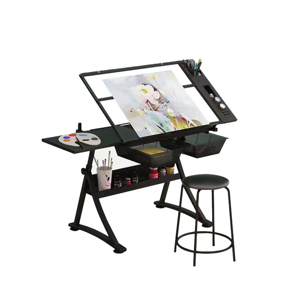 FURNISO Drafting Glass Table With Extra Side Table Drawers And Leather ...