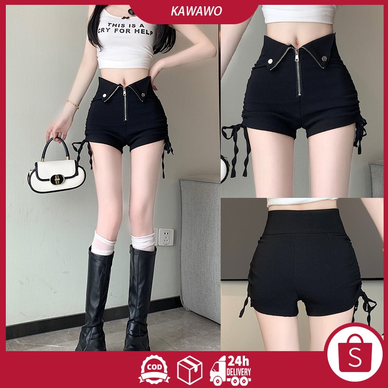 Women Casual Plain Ruched Zipper Shorts Side Drawstring Sexy Shorts ...