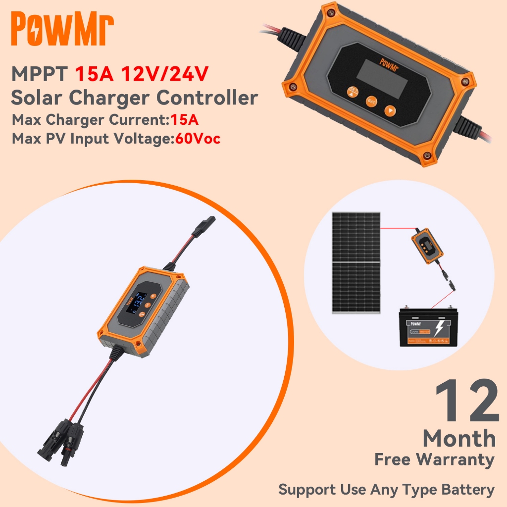 【New】PowMr 15A MPPT Solar Charger Controller Support 12~24V Battery ...