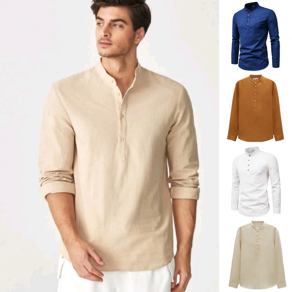 Long Sleeve Chinese Collar Polo for Men Plain Casual Shirts Cotton 5 Colors SIze M to XL ...