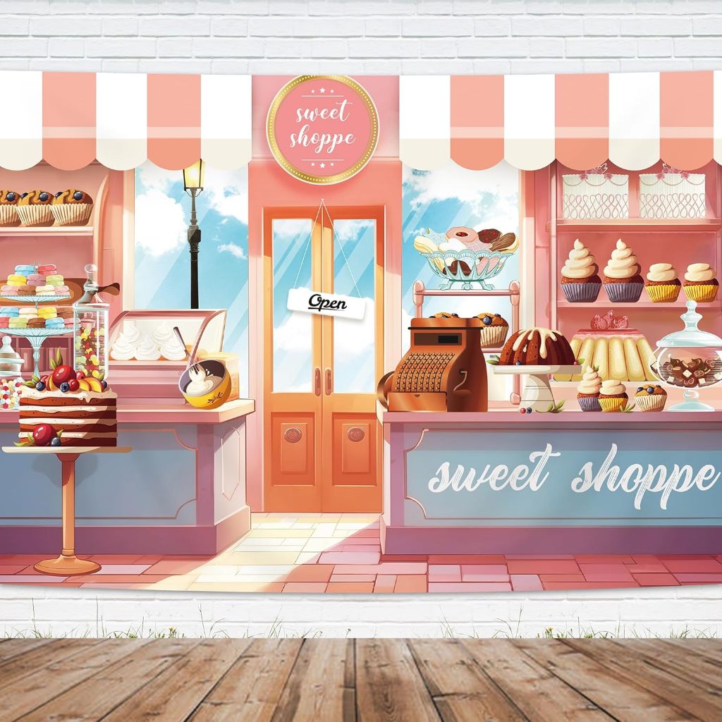 7x5ft Sweet Shoppe Backdrop Baby Girl Birthday Pink Cute Cartoon ...