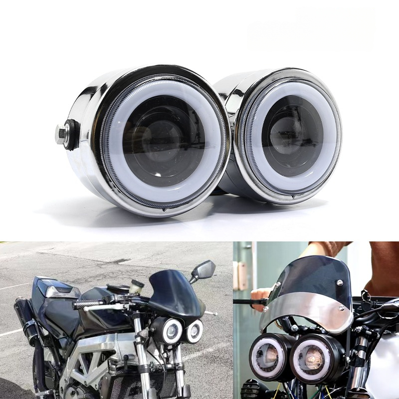 Motorcycle Modified LED Double Eye Headlights Round Motor Cafe Racer ...