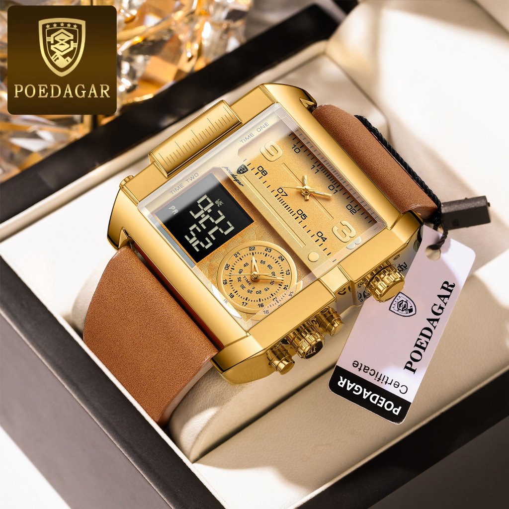 POEDAGAR Digital Watch For Men Waterproof Original Gold Leather Mens ...