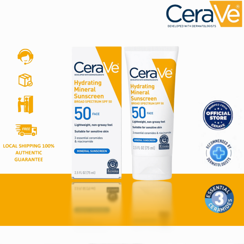 CeraVe Hydrating Mineral Sunscreen SPF 50 Lightweight Sunscreen ...