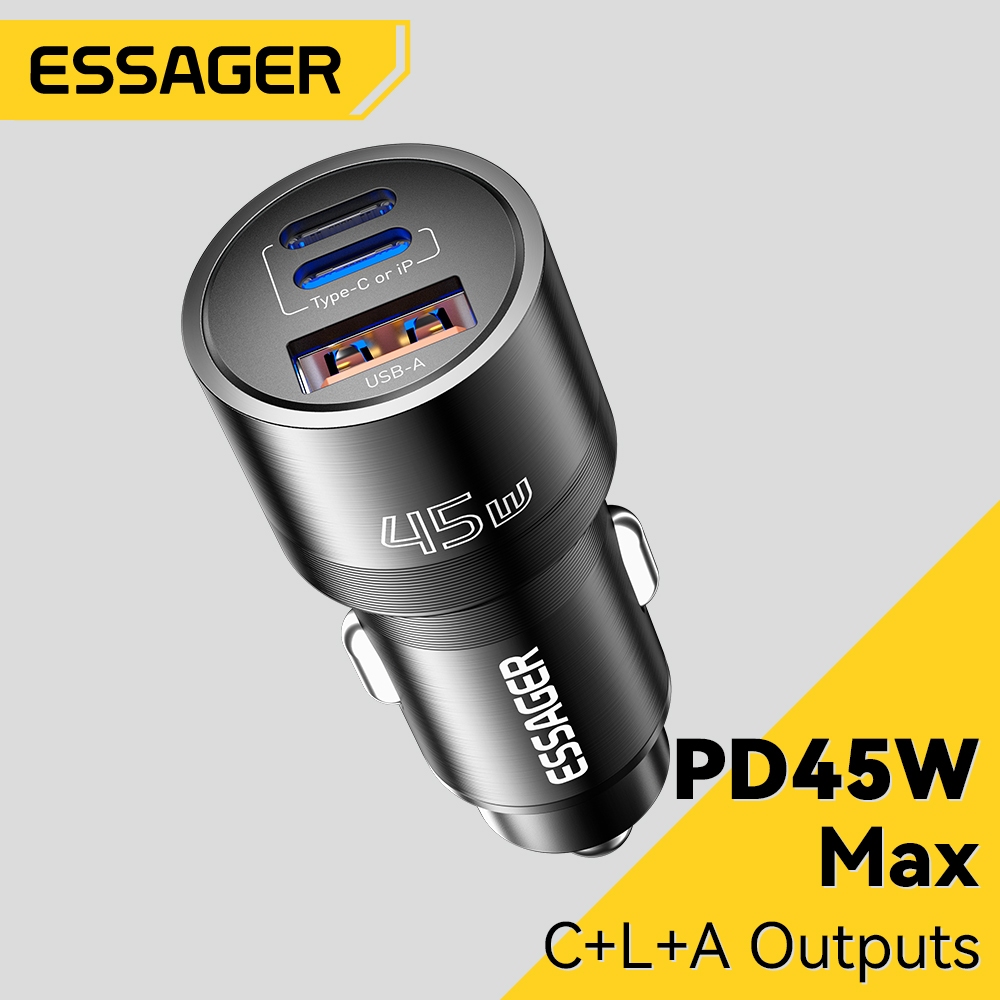 ESSAGER PD 45W USB+Type-C+L Fast charging car charger Input voltage 12 ...