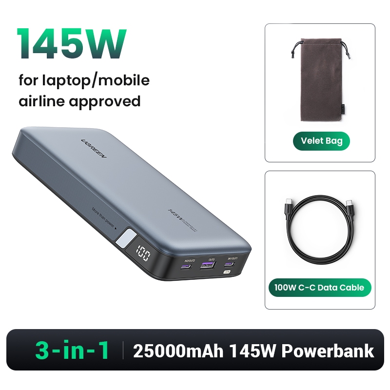 UGREEN Powerbank 145W Max Laptop Fast Charging, 100W 25000mAh Portable ...